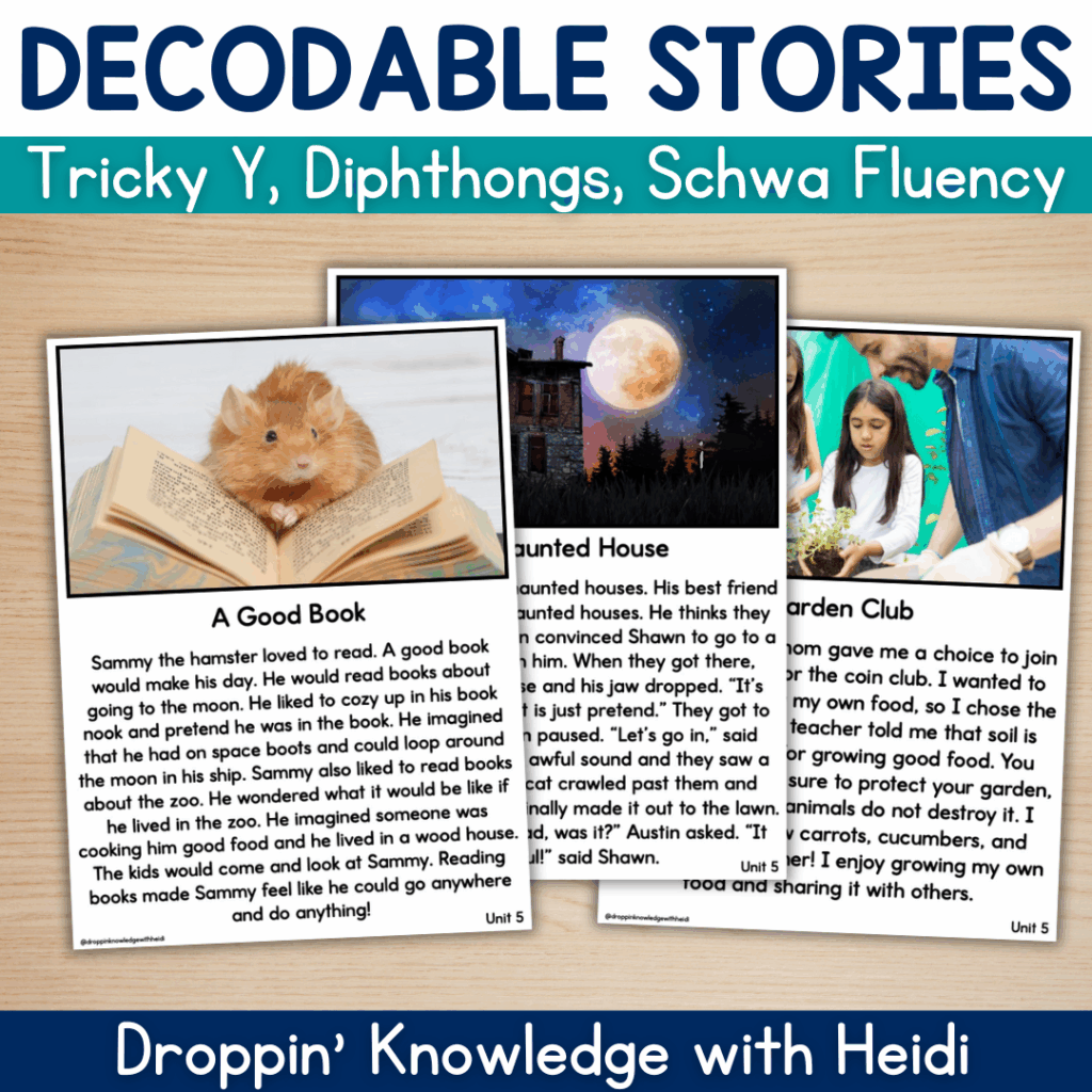 TRUE Decodable Passages - Tricky Y, Diphthongs, Schwa - Unit 5 - Short ...