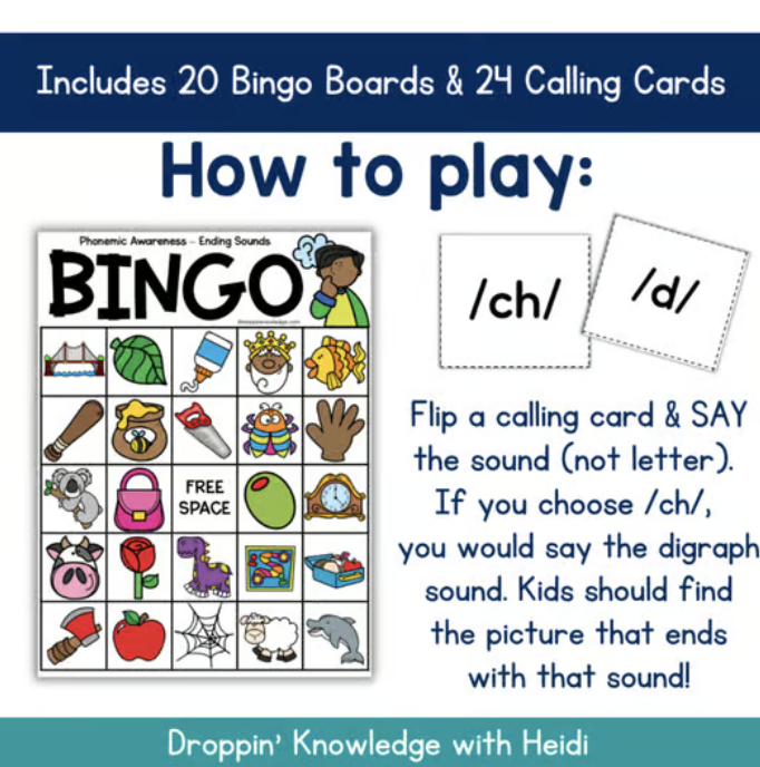 Phonemic Awareness BINGO - ENDING SOUNDS - Droppin Knowledge