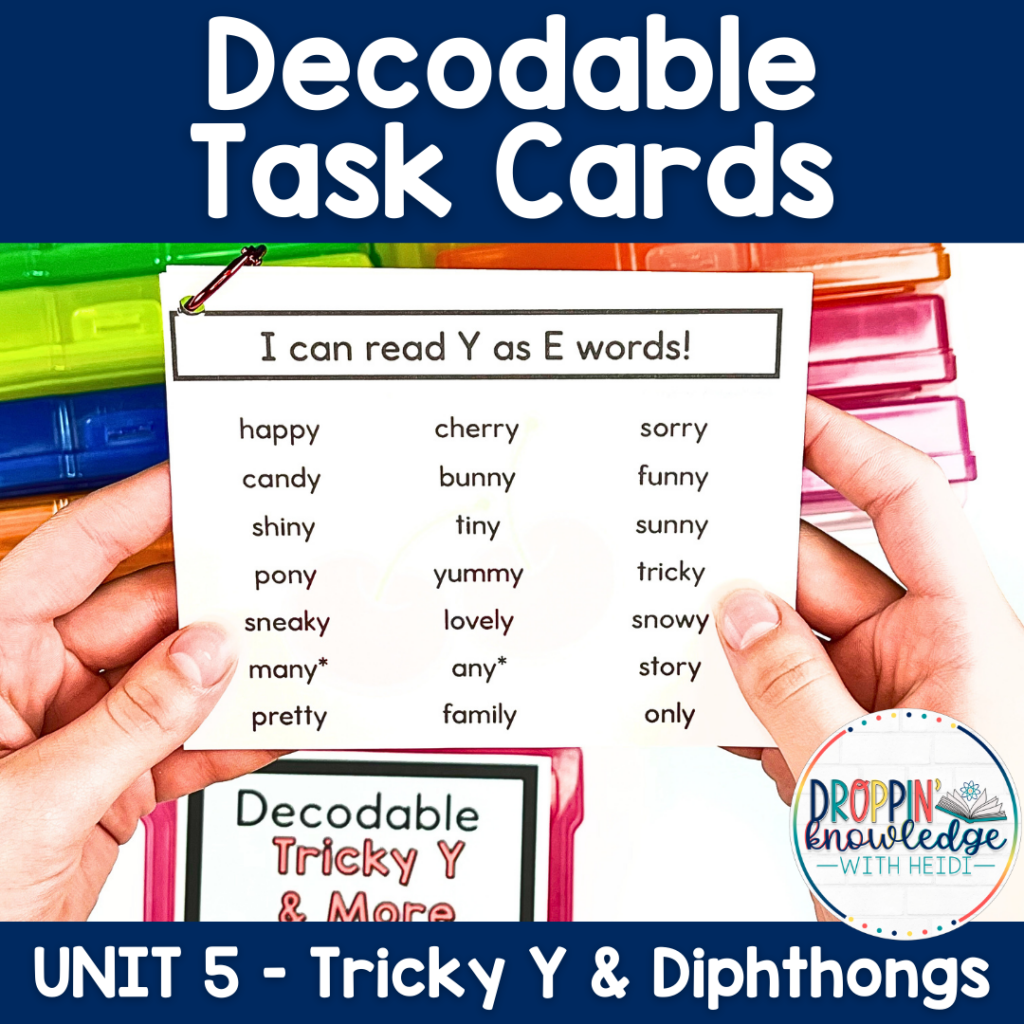 Decodable Task Cards - Tricky Y & Diphthongs - Words, Phrases, and ...
