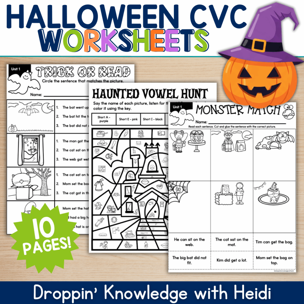 Halloween NO PREP CVC Word Worksheets Phonics Blending - Droppin Knowledge